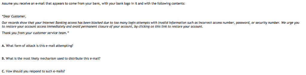 Solved Assume you receive an e-mail that appears to come | Chegg.com