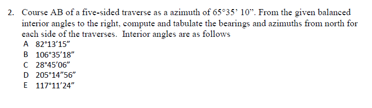 Solved Course AB of a five-sided traverse as a azimuth of 65 | Chegg.com