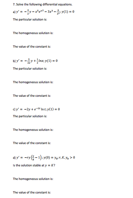Solved Solve the following differential equations. y' = | Chegg.com