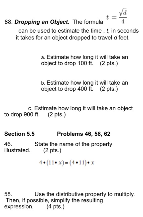 Solved Dropping an Object. The formula t = squareroot d/4 | Chegg.com