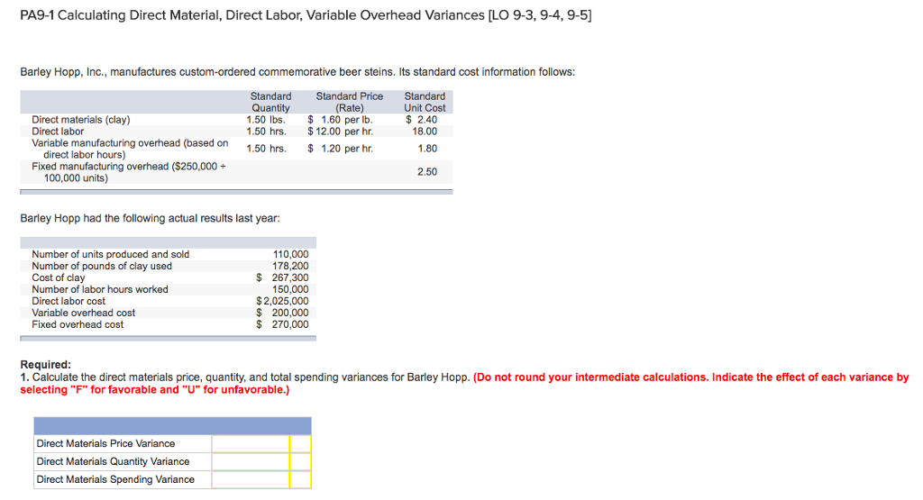 Solved PA9-1 Calculating Direct Material, Direct Labor, | Chegg.com Solved PA9-1 Calculating Direct Material, Direct Labor, | Chegg.com