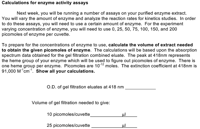 Solved "Calculations for enzyme activity assays: | Chegg.com