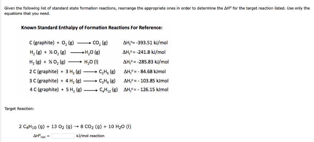 Solved Given the following list of standard state formation | Chegg.com