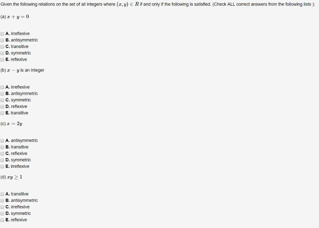 Solved Given the following relations on the set of all | Chegg.com