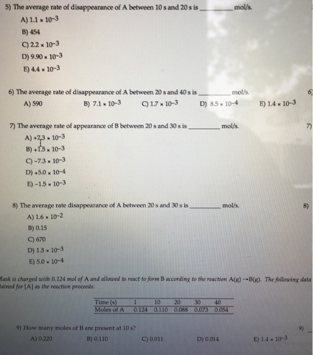 Solved The average rate of disappearance of A between 10 s | Chegg.com