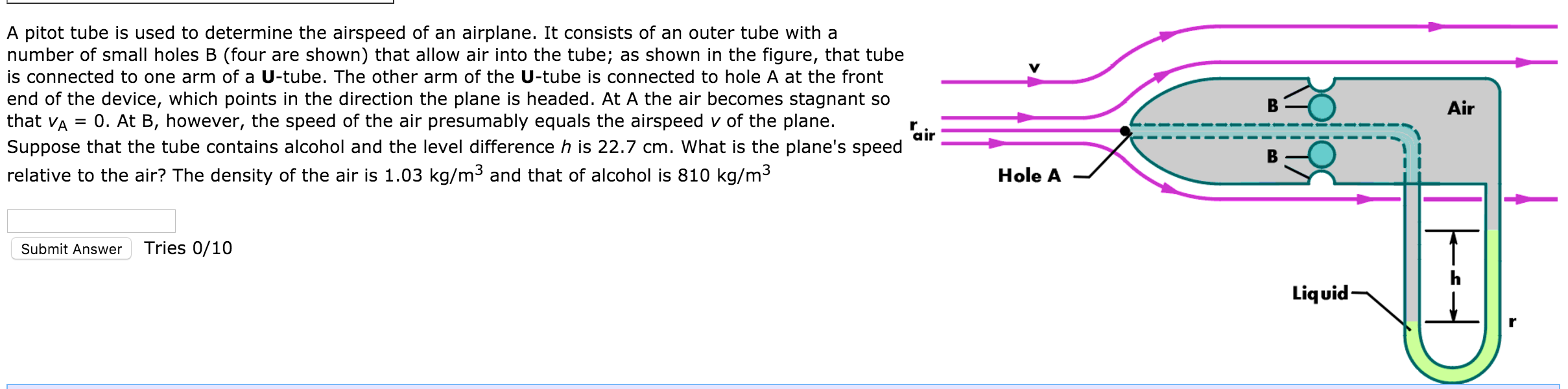 Solved A pitot tube is used to determine the airspeed of an | Chegg.com