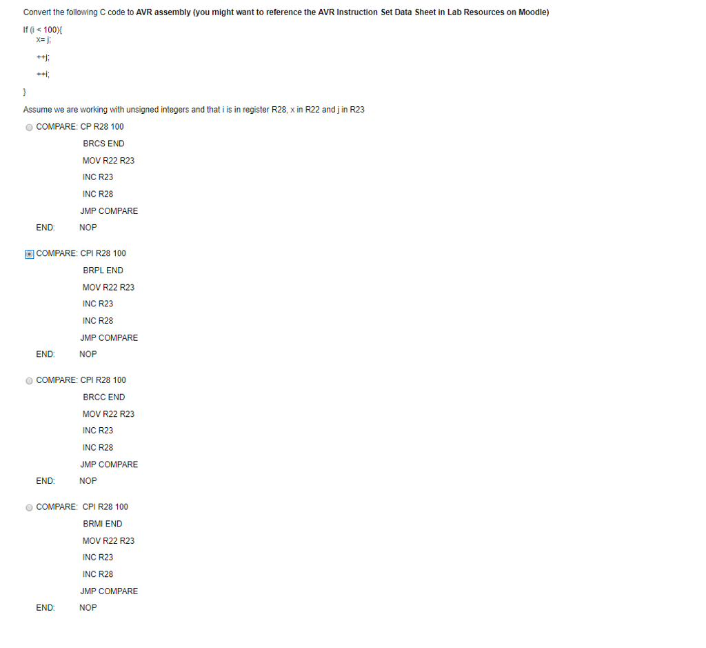 Solved Convert the following C code to AVR assembly (you | Chegg.com