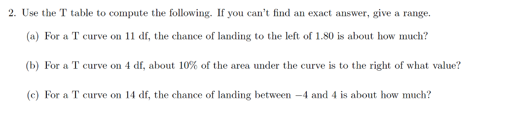 Solved 2. Use the T table to compute the following. If you | Chegg.com