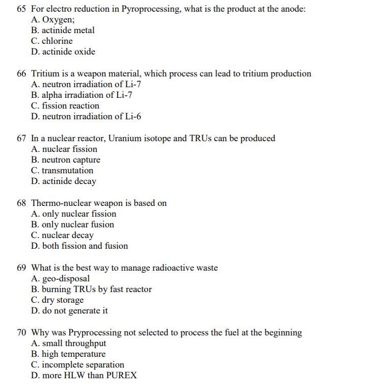 Solved 65 For electro reduction in Pyroprocessing, what is | Chegg.com