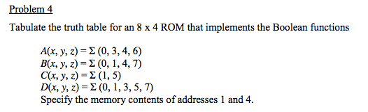 Solved Problem 4 Tabulate the truth table for an 8 x 4 ROM | Chegg.com