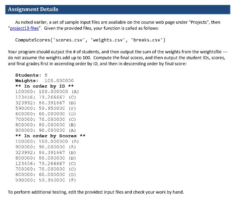 Assignment Details As noted earlier, a set of sample | Chegg.com