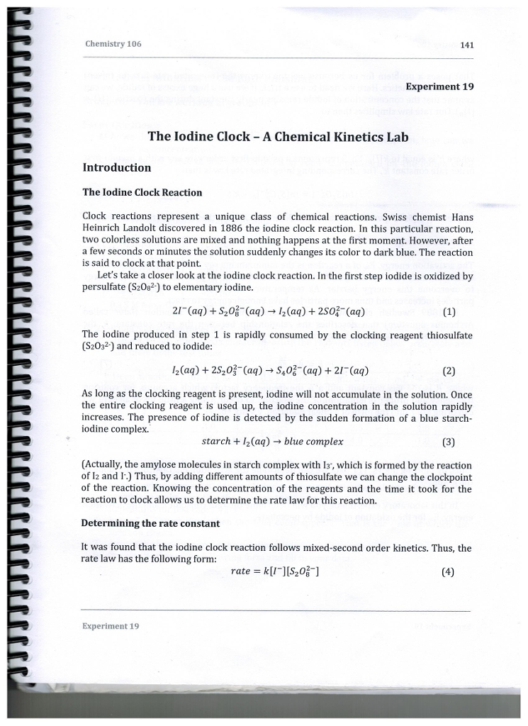 Chemistry 106 141 Experiment 19 The Iodine Clock A | Chegg.com