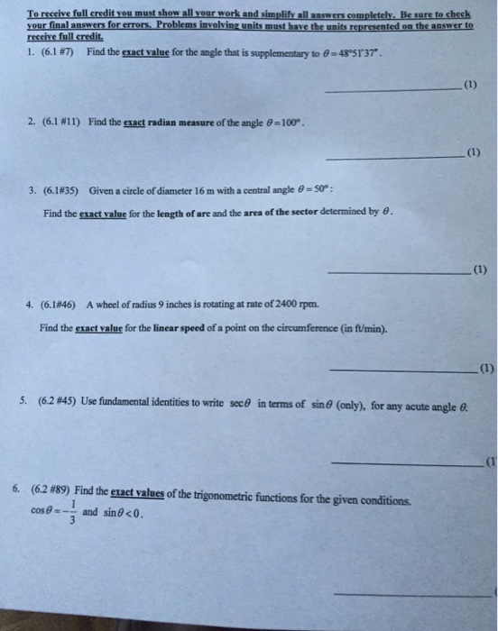 Solved To receive full credit you must show all your work | Chegg.com