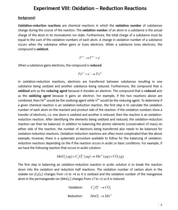 Solved Experiment VIII: Oxidation - Reduction Reactions | Chegg.com