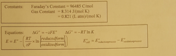 Faraday's Constant = 96485 C/mol Gas Constant = 8.314 | Chegg.com