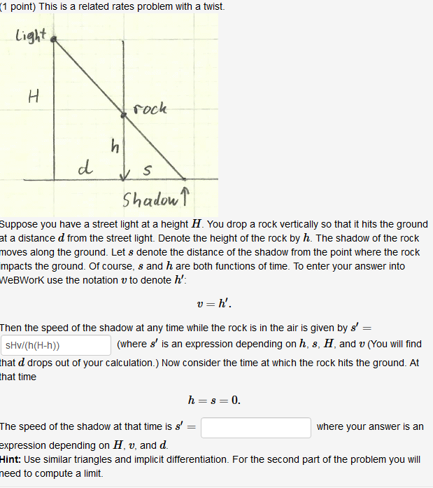 Solved (1 point) This is a related rates problem with a | Chegg.com