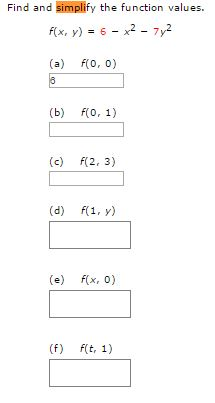 Solved Find and simplify the function values. f(x, y) = 6 - | Chegg.com