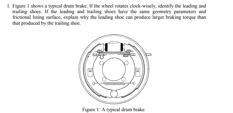 Solved 1. Figure 1 shows a typical drum brake. If the wheel | Chegg.com