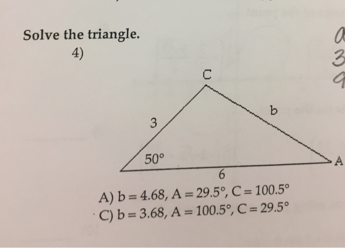 Solved Solve the triangle. 500 A)b 4.68, A 29.50, C 100.5 C) | Chegg.com