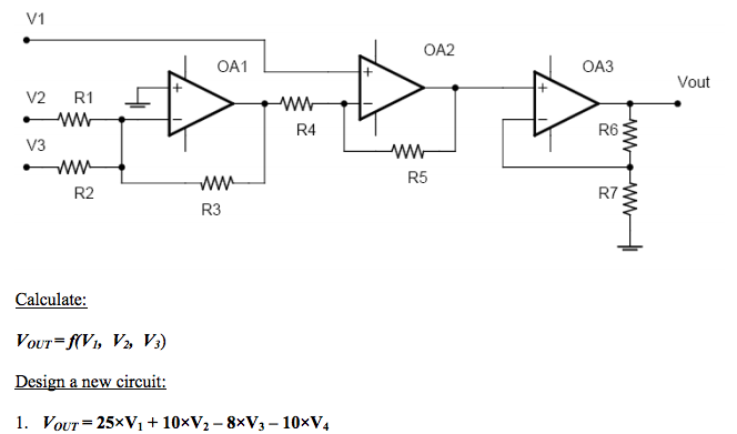 Solved OA1 V2 R1 V3 R3 Calculate V 1, 2, OUT Design a new | Chegg.com