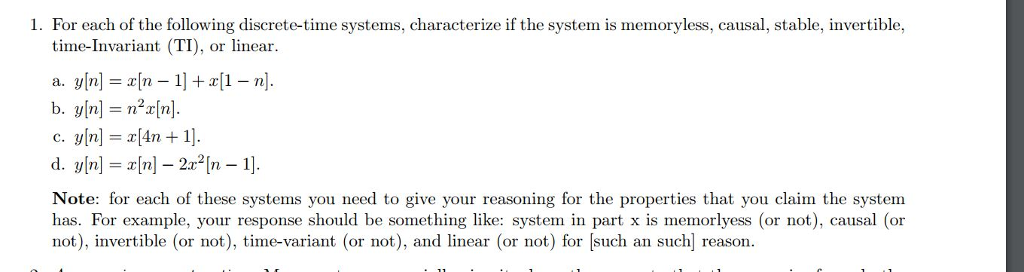 Solved 1. For each of the following discrete-time systems, | Chegg.com