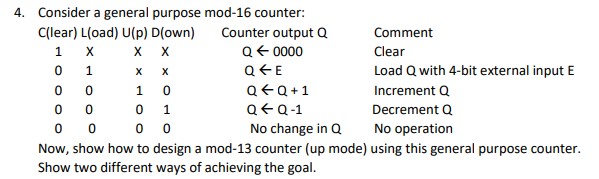 Solved 4. Consider a general purpose mod-16 counter: C(lear) | Chegg.com