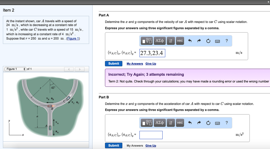 Solved Item 2 Part A At the instant shown, car A travels | Chegg.com