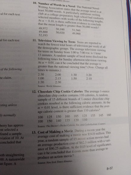 Solved 10. Number of Words in a Novel The National Novel | Chegg.com