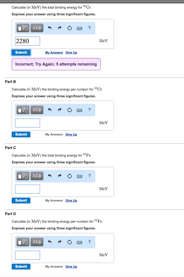 Solved calculate (in MeV) the total binding energy for 54 | Chegg.com