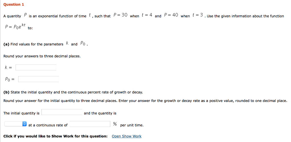 Solved A quantity P is an exponential function of time t, | Chegg.com