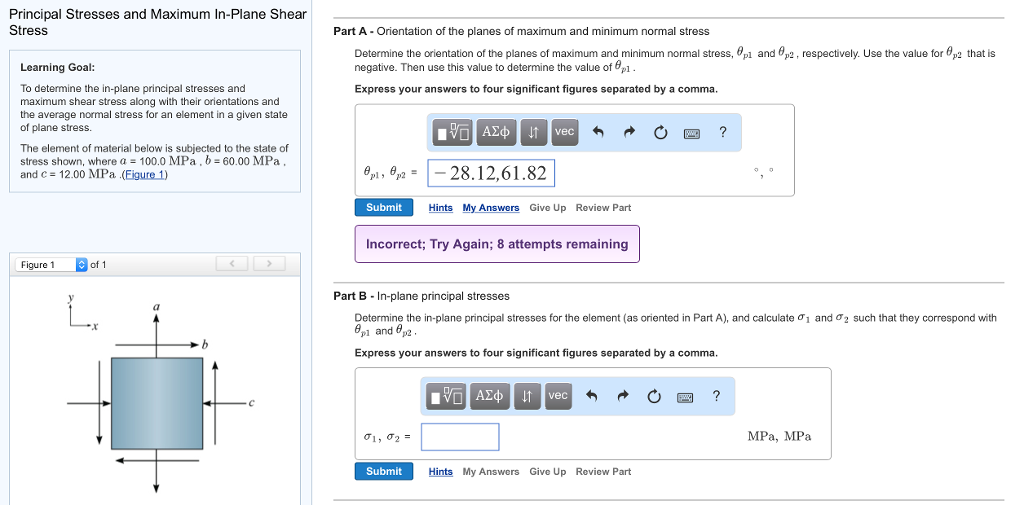 Solved Principal Stresses And Maximum In Plane Shear Stress