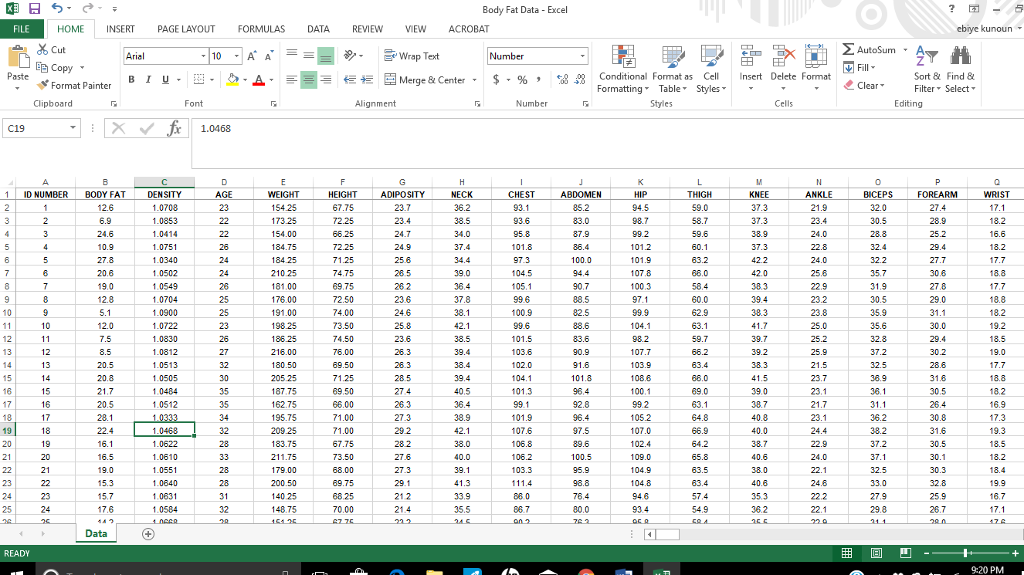 Solved ID NUMBER BODY FAT DENSITY AGE WEIGHT HEIGHT | Chegg.com
