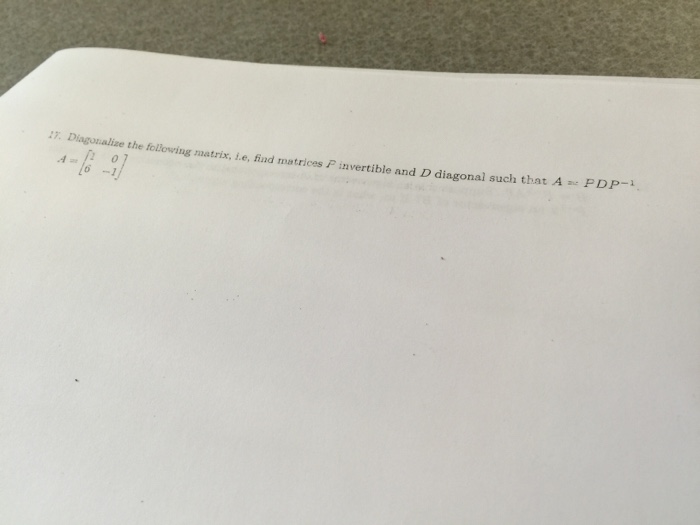 Solved Diagonalize the following matrix, i.e, find matrices | Chegg.com