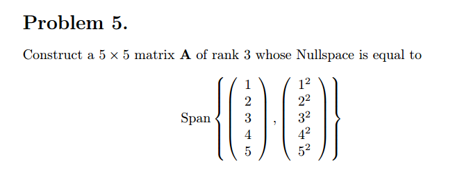 Solved Construct a 5 times 5 matrix A of rank 3 whose | Chegg.com