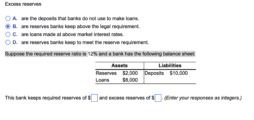 Solved Excess reserves A. are the deposits that banks do | Chegg.com