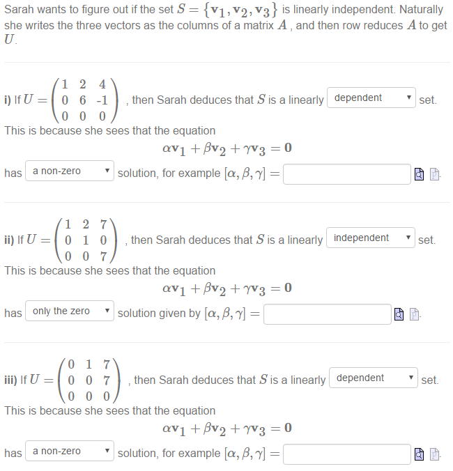 Solved Sarah wants to figure out if the set S = {v_1, v_2, | Chegg.com