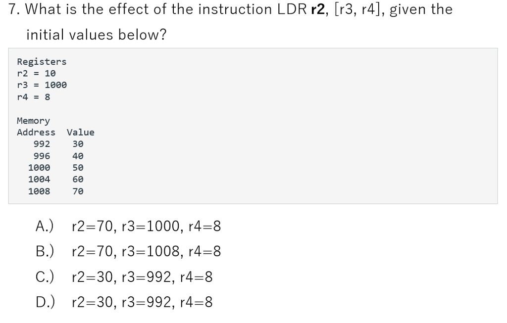 Solved 7. What is the effect of the instruction LDR r2, [r3, | Chegg.com