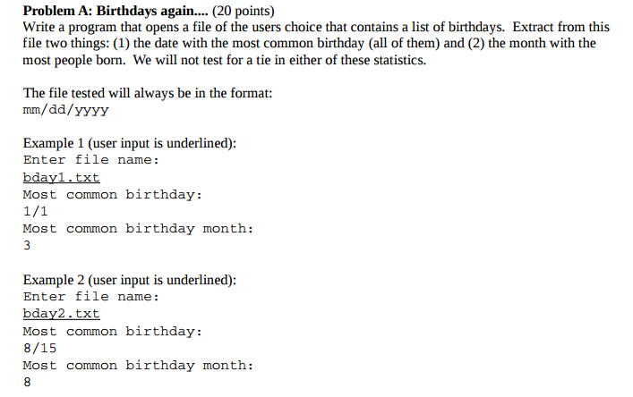 Solved Problem A: Birthdays again. (20 points) Write a | Chegg.com