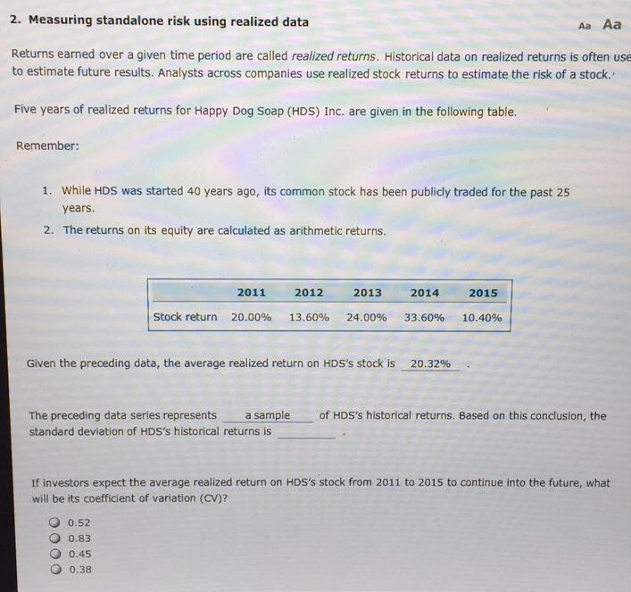 Solved Measuring standalone risk using realized data Returns | Chegg.com