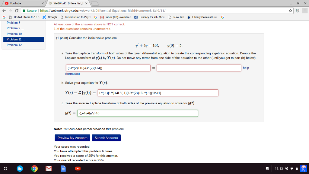Solved YouTube × y . WeBWorK : Differential- CSecure | Chegg.com