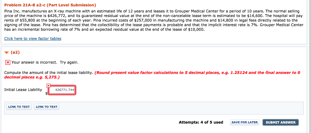Solved Problem 21A-8 a2-c (Part Level Submission) Pina Inc. | Chegg.com