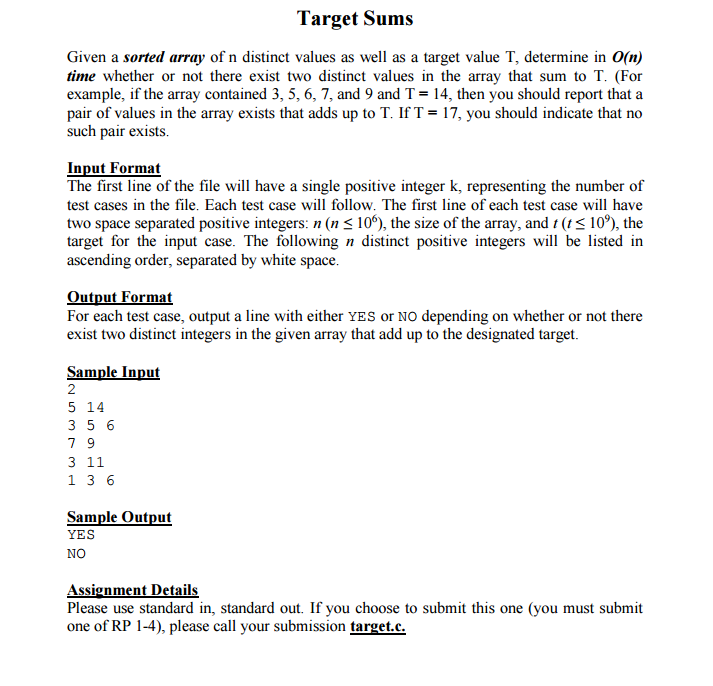 Solved Target Sums Given a sorted array of n distinct values | Chegg.com