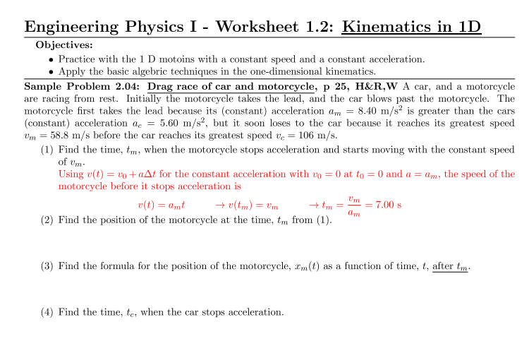 Solved Engineering Physics I Worksheet 1.2: Kinematics in ID | Chegg.com