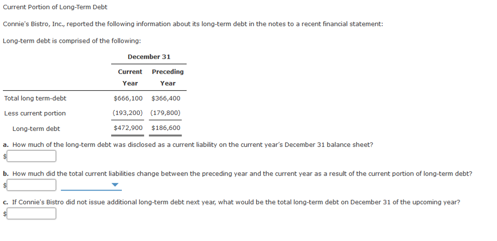 Solved Current Portion of Long-Term Debt Connie's Bistro, | Chegg.com