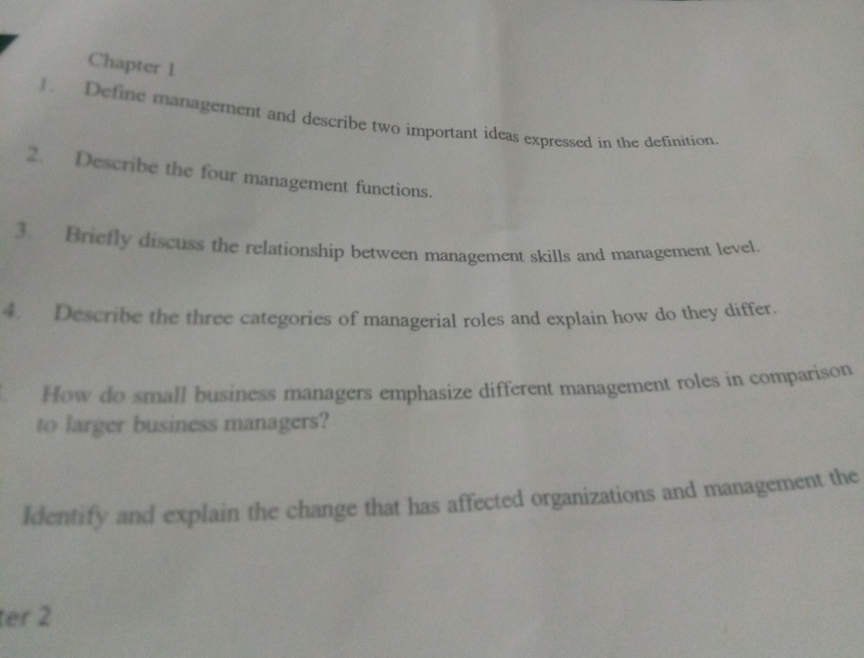 Solved Chapter 1 1. Define 2 Describe the four management | Chegg.com