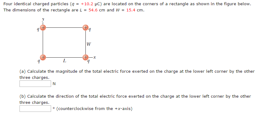 Solved Four identical charged particles (q = +10.2 μC) are | Chegg.com
