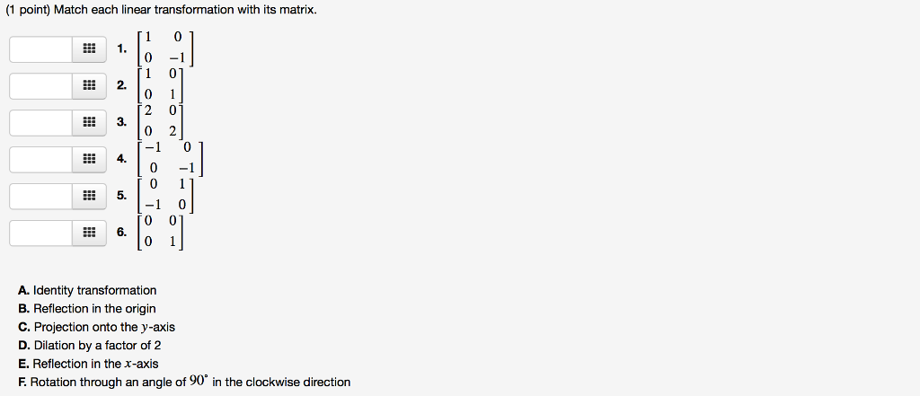 Solved Match each linear transformation with its matrix. 1. | Chegg.com