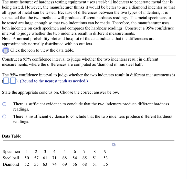 Solved The manufacturer of hardness testing equipment uses | Chegg.com