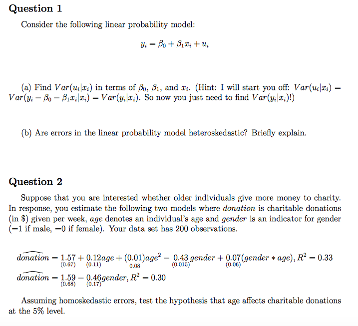 Solved Question 1 Consider the following linear probability | Chegg.com