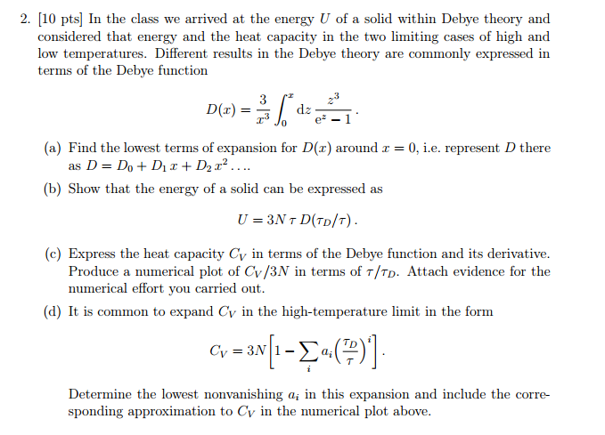 In the class we arrived at the energy U of a solid | Chegg.com